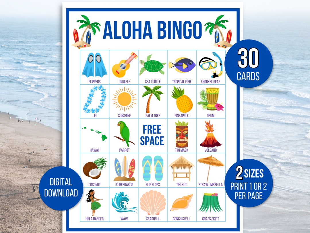 Aloha Bingo, Luau Bingo, Hawaiian Bingo, 30 Printable Luau Bingo Cards ...