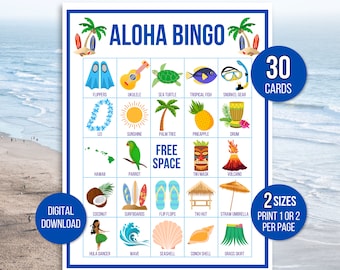 Aloha Bingo Cards, Luau Bingo, Hawaiian Bingo, Printable Luau Bingo ...