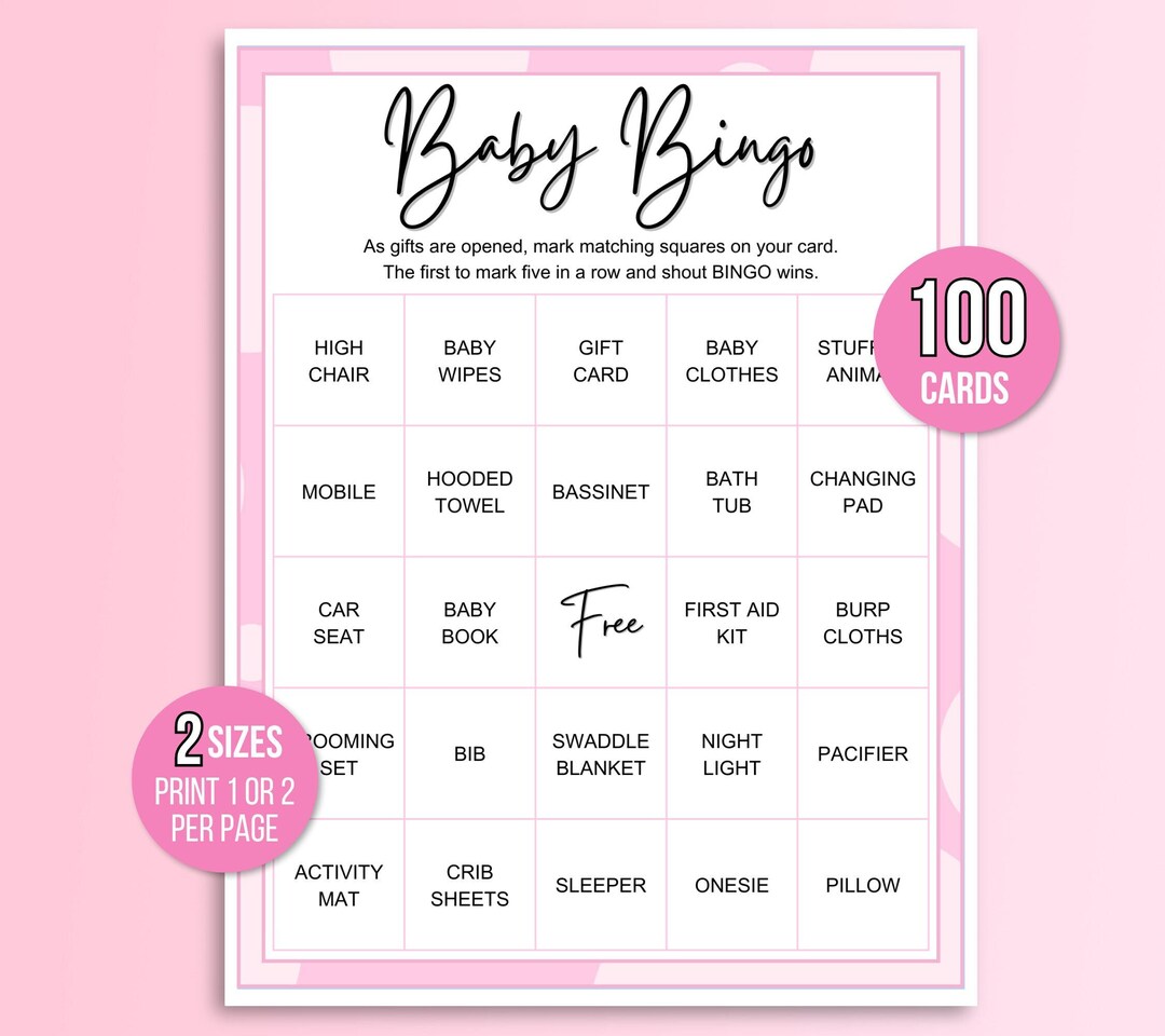 100 Baby Girl Bingo Cards, Baby Girl Bingo Game Cards, Baby Gift Bingo ...