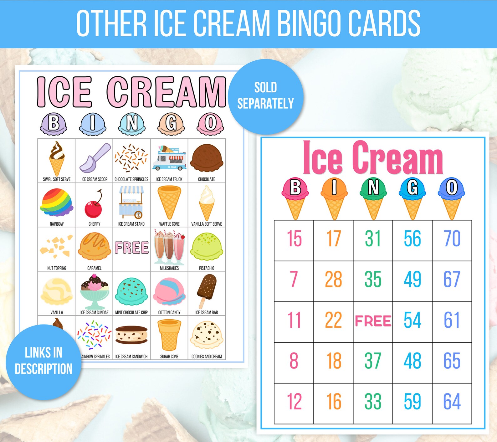 Ice Cream Bingo, 50 Printable Ice Cream Bingo Cards, Ice Cream Birthday ...