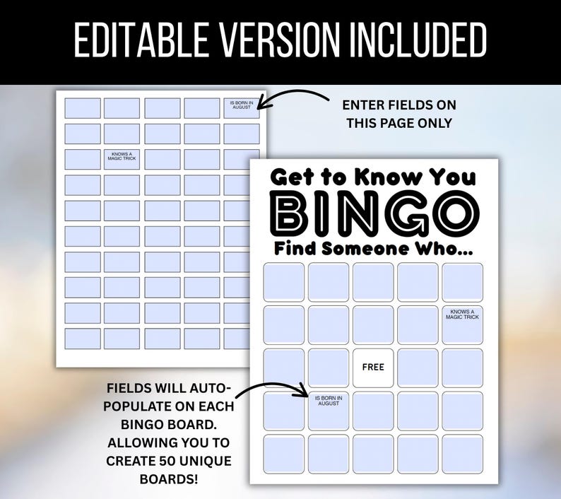 Get to Know You Bingo, Editable Get to Know You Bingo, Find Someone Who ...
