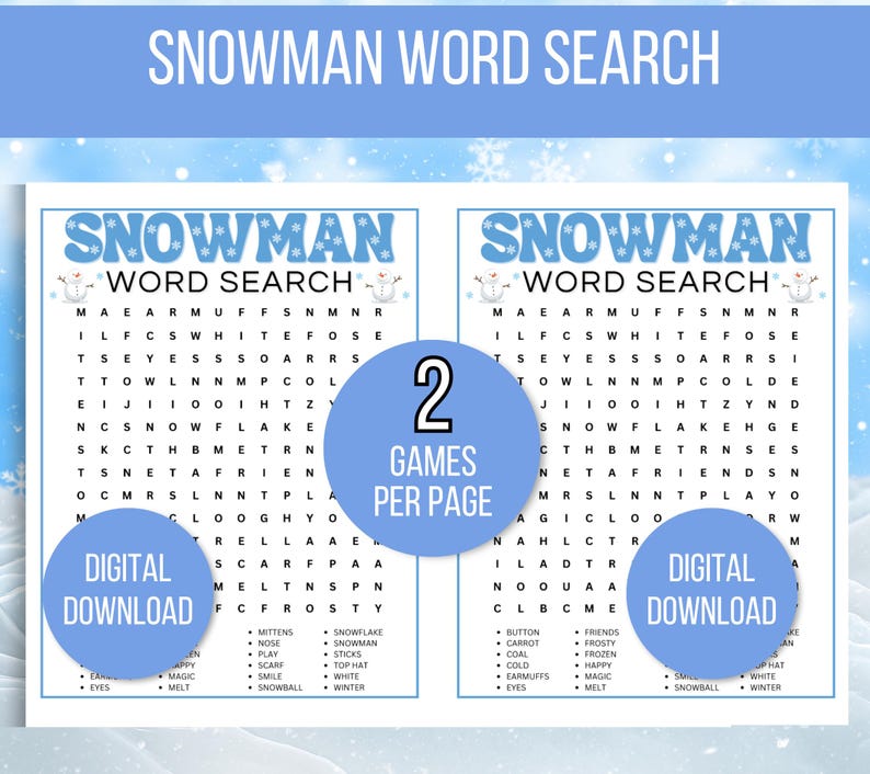 Snowman Word Search, Fun Snowman Game, Printable Snowman Game, Snowman ...