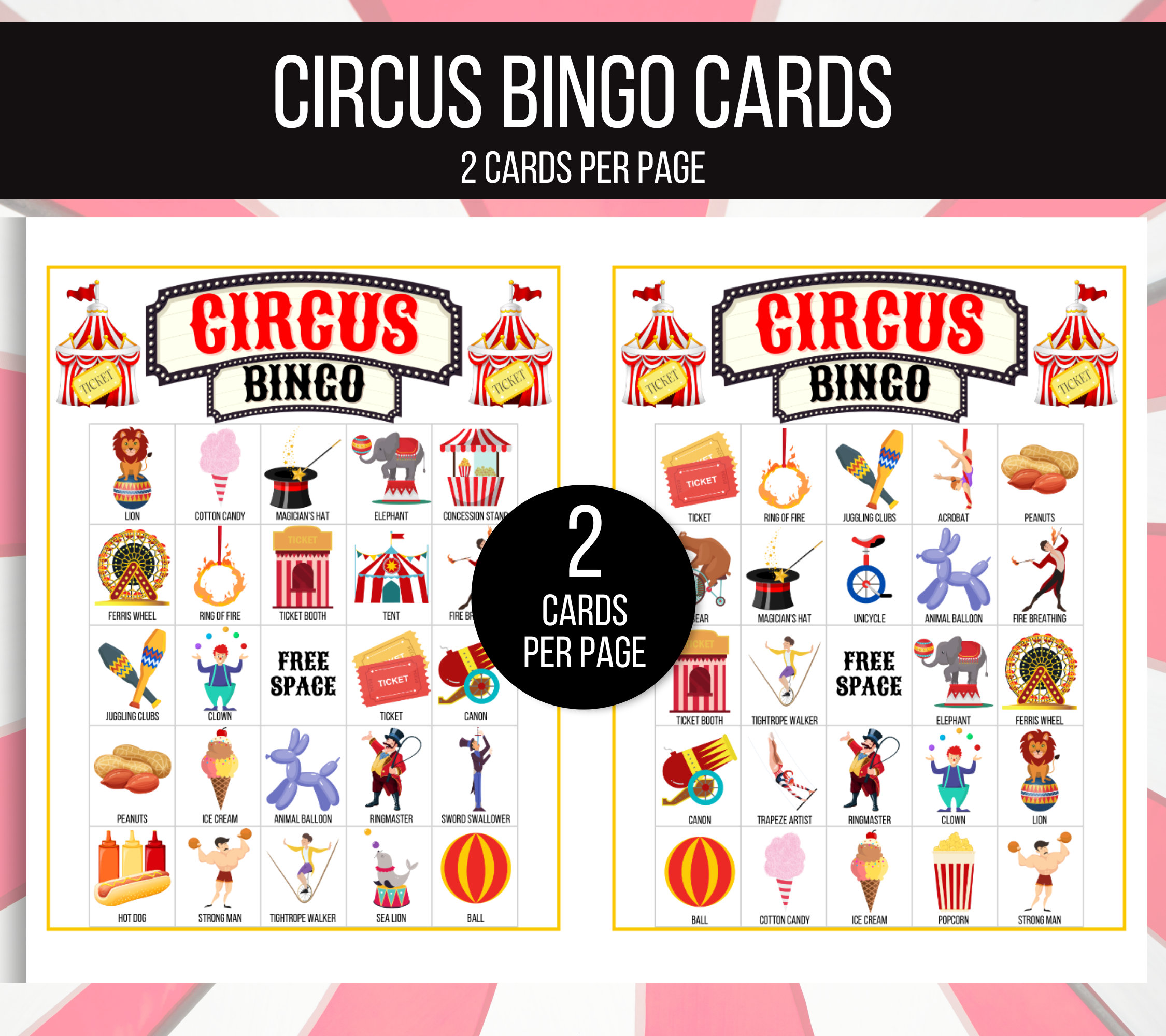 Circus Bingo, 30 Printable Circus Bingo Cards, Circus Party Game ...