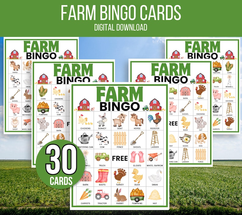 Farm Bingo, 30 Printable Farm Bingo Cards, Barnyard Bingo, Barnyard ...