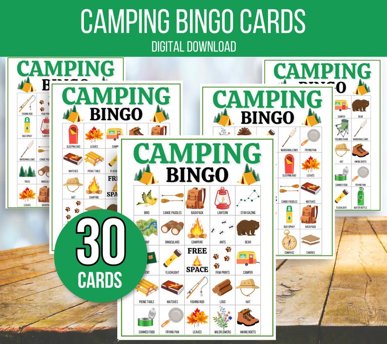 Camping Bingo, 30 Printable Camping Bingo Cards, Camping Game, Camping ...