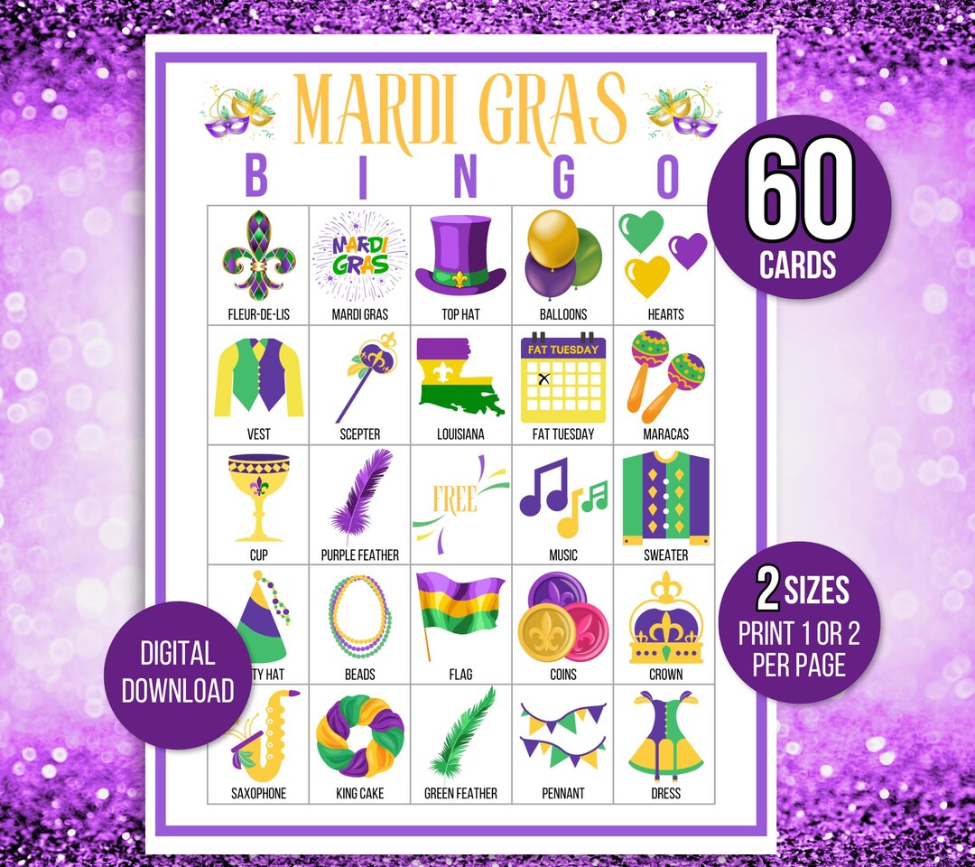 Mardi Gras Bingo, 60 Mardi Gras Bingo Cards, Mardi Gras Game, Mardi ...