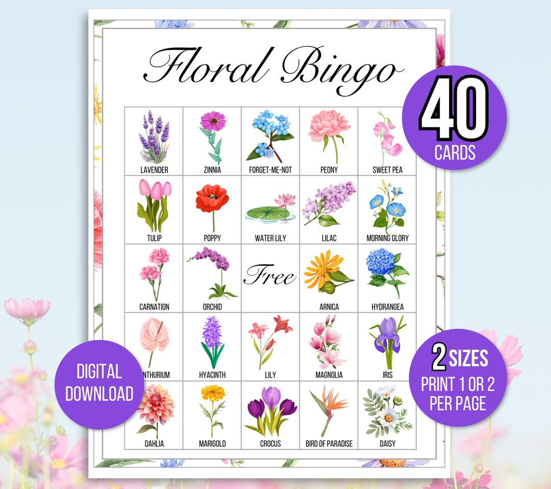 Flower Bingo, Spring Bingo, Garden Bingo, 40 Printable Flower Bingo ...