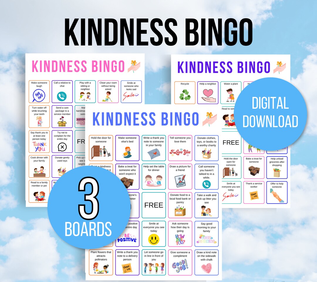 Kindness Bingo, 3 Kindness Bingo Cards, Acts of Kindness Bingo, Kid's ...