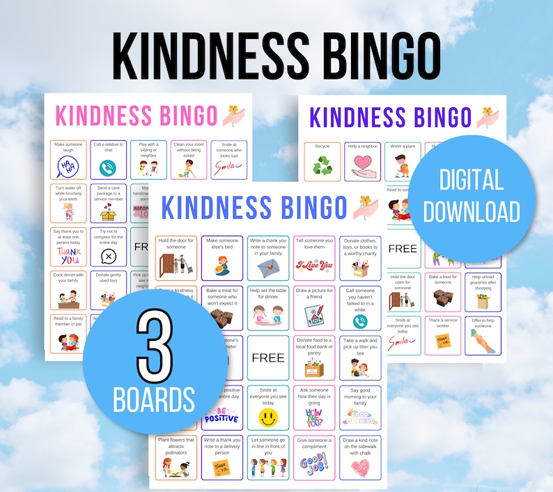 Kindness Bingo, 3 Kindness Bingo Cards, Acts of Kindness Bingo, Kid's ...
