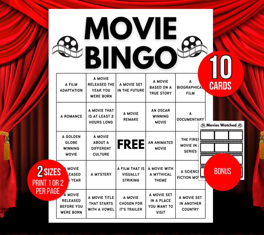 Movie Bingo, 10 Movie Bingo Cards, Movie Games, Movie Tracker Bingo ...