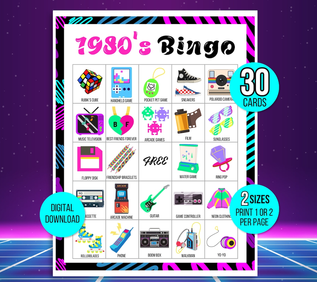 80s Bingo, 1980s Bingo, Retro Bingo, 30 Printable 1980s Bingo Cards ...