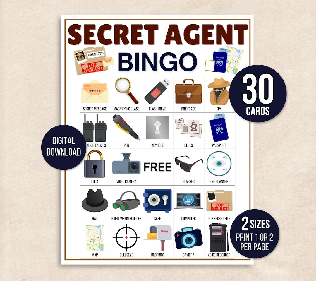 Secret Agent Bingo, 30 Printable Secret Agent Bingo Cards, Secret Agent ...