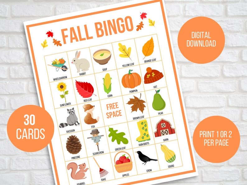 Fall Bingo 30 Fall Bingo Cards Fall Picture Bingo Autumn - Etsy