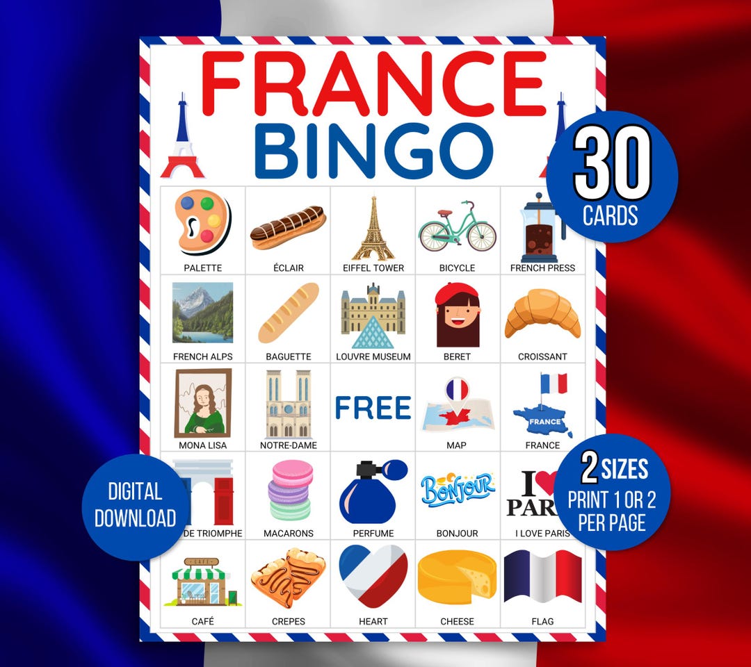 France Bingo, 30 France Bingo Cards, Travel Bingo, French Bingo, Travel ...