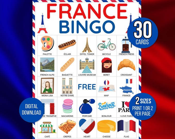 30 France Bingo Cards Printable Game, Paris France Travel Bingo Boards ...