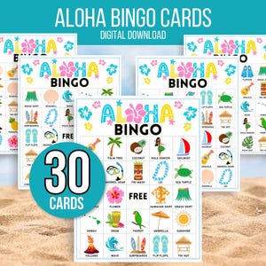 Aloha Bingo, Luau Bingo, Hawaiian Bingo, 30 Printable Luau Bingo Cards ...