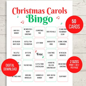 Christmas Carol Bingo, 50 Printable Christmas Carol Bingo Cards ...
