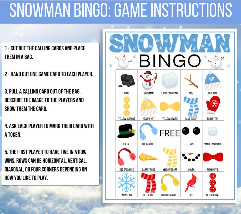 Snowman Bingo, Winter Bingo, 30 Printable Snowman Bingo Cards, Winter ...