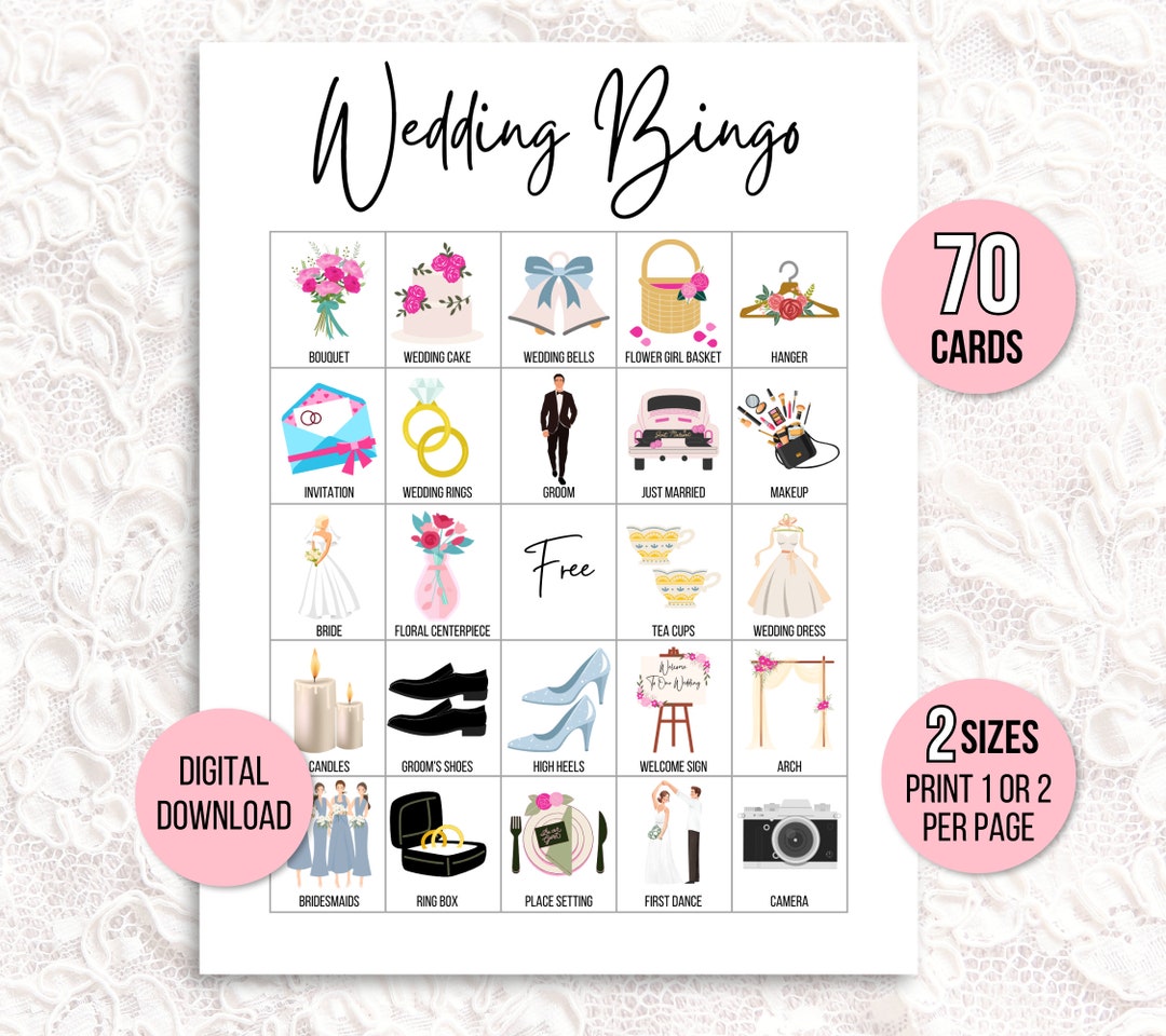 Wedding Bingo Cards, 70 Wedding Bingo Game Cards, Bridal Shower Bingo ...
