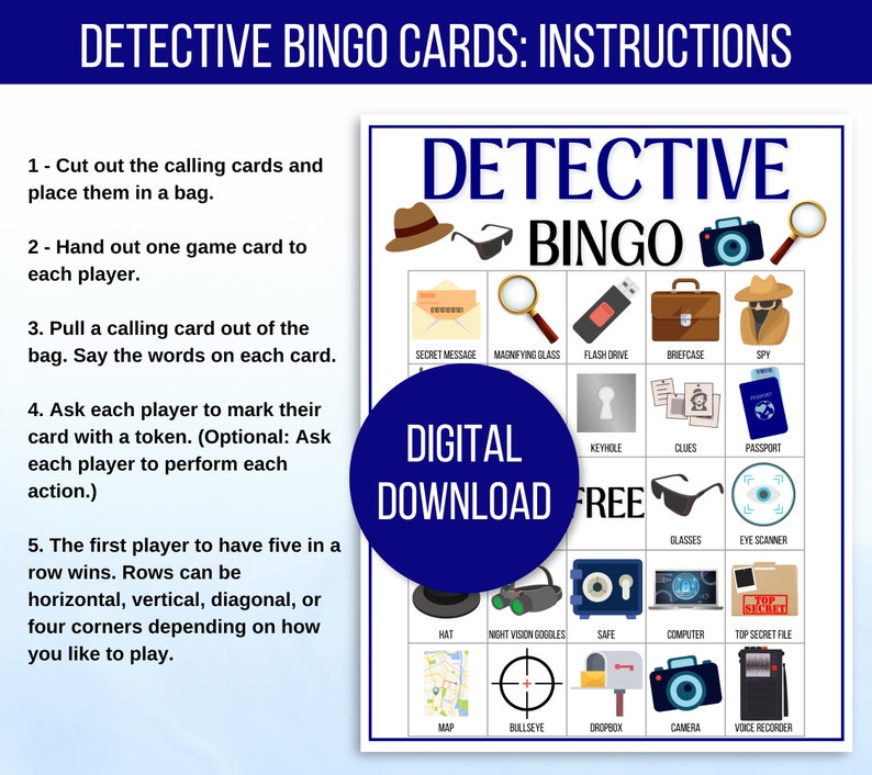 Detective Bingo, 30 Detective Bingo Cards, Spy Bingo, Secret Agent ...