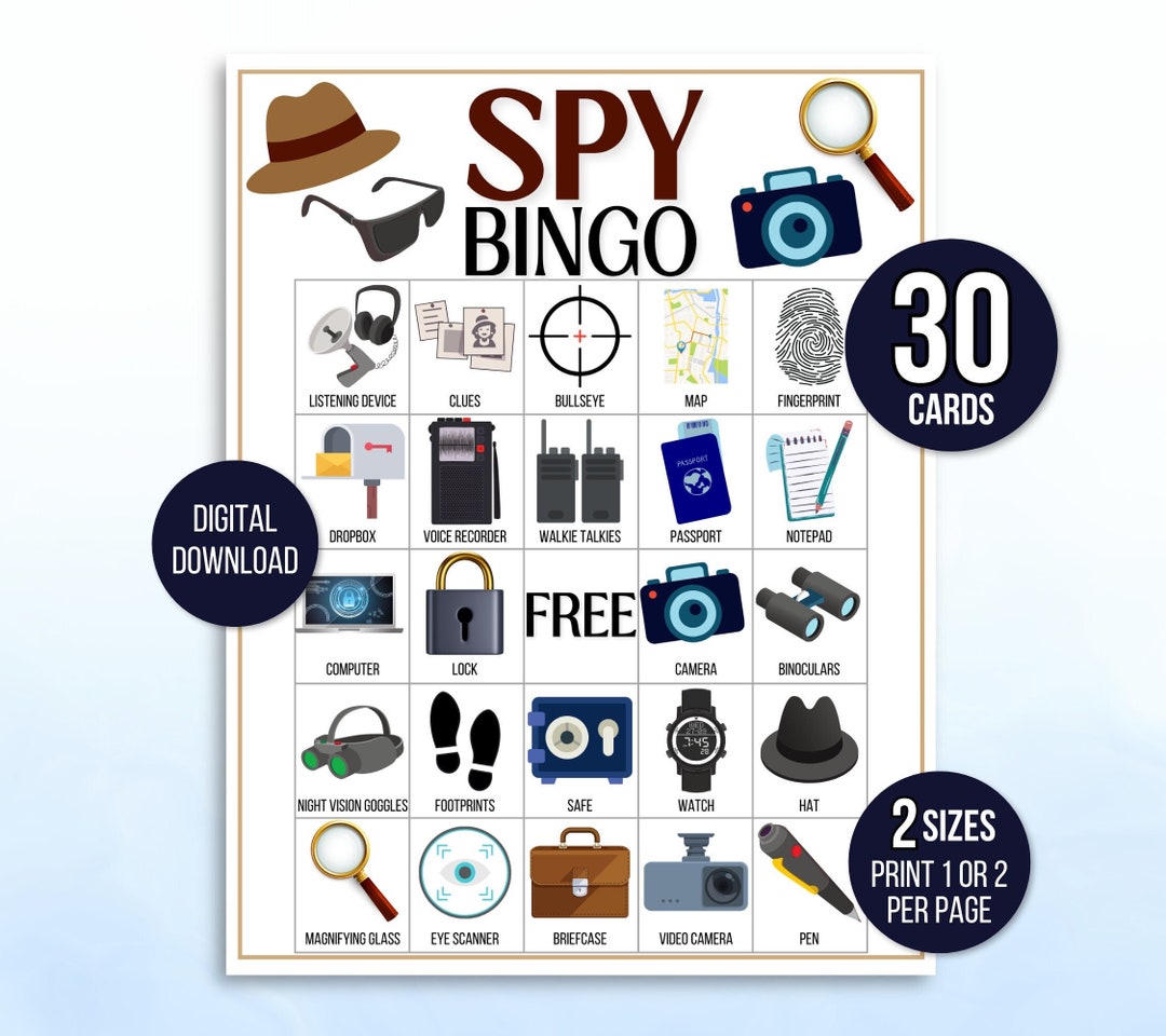 Spy Bingo, 30 Printable Spy Bingo Cards, Spy Party Game, Spy Activity ...