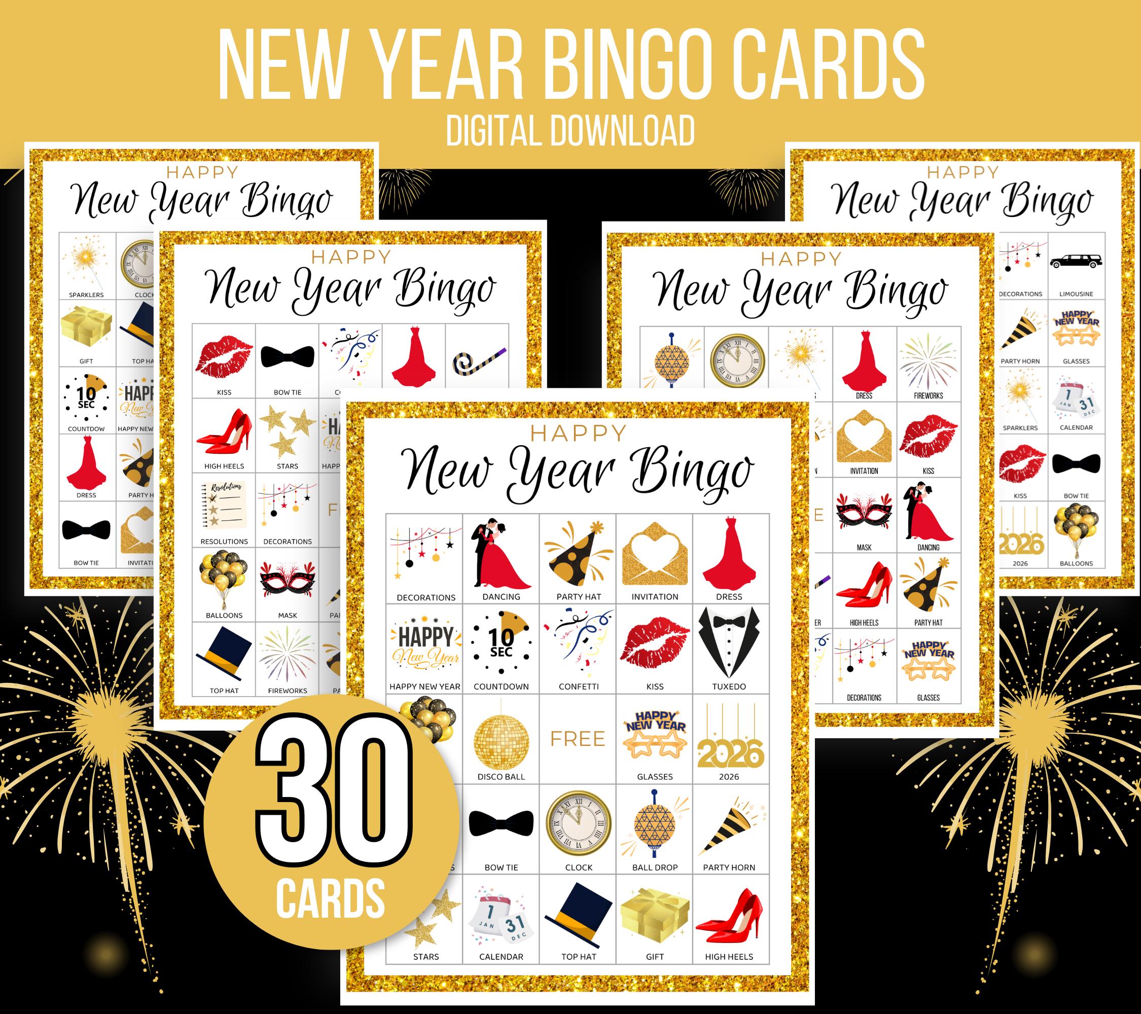New Year's Bingo, 30 Happy New Year's Eve Bingo Cards, New Year's ...