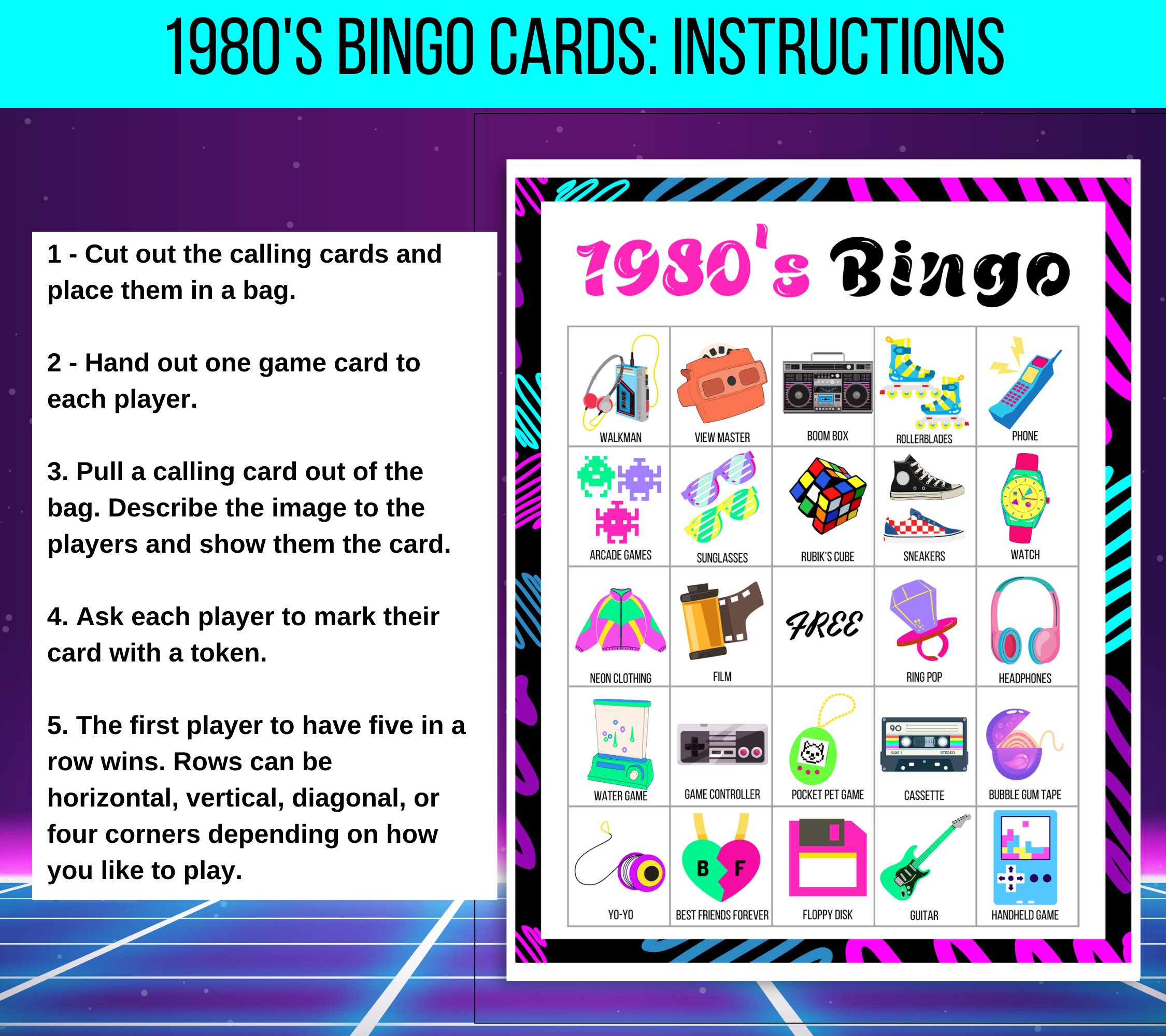 80s Bingo, 1980s Bingo, Retro Bingo, 30 Printable 1980s Bingo Cards ...