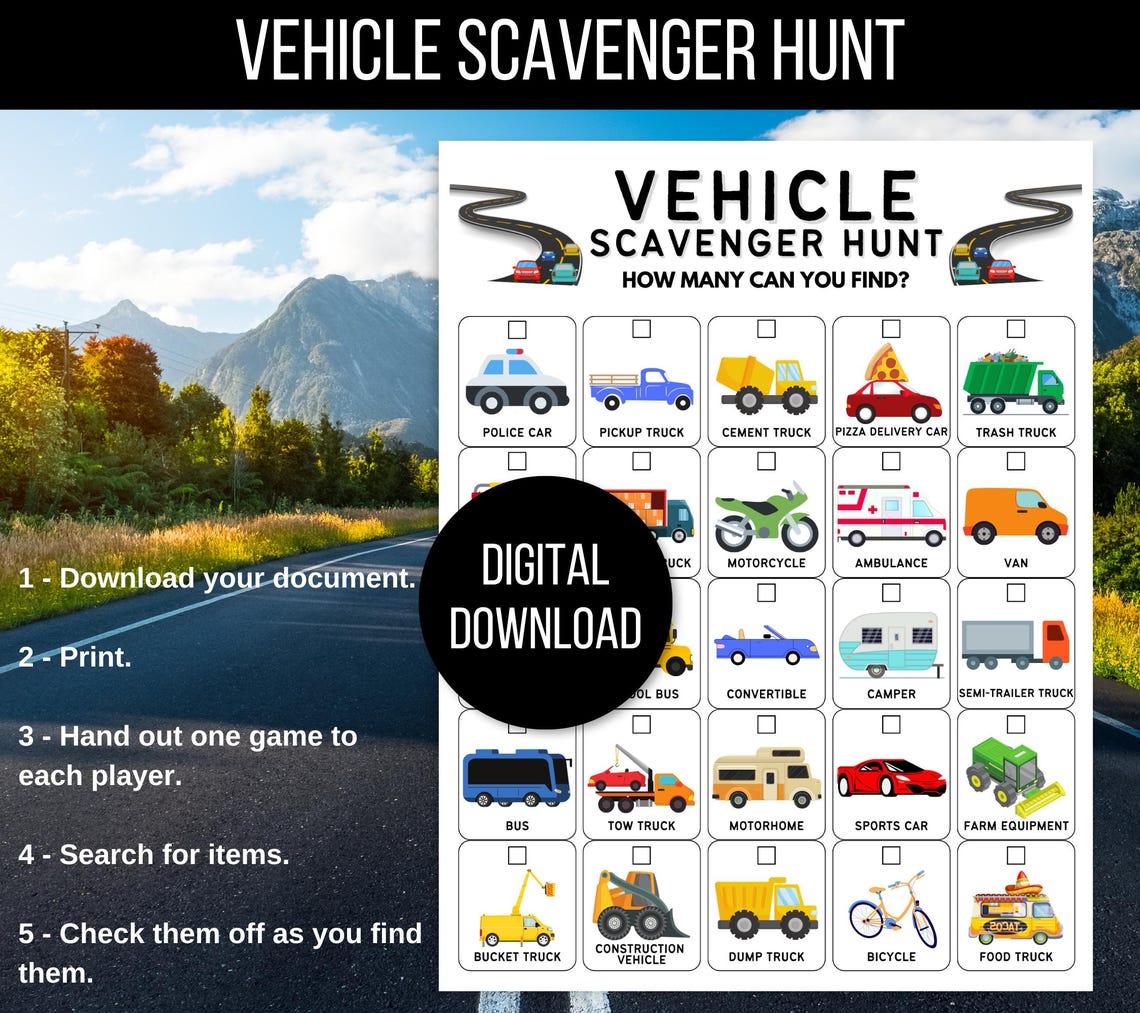 Road Trip Scavenger Hunt for Kids, Vehicle Scavenger Hunts, Road Trip ...