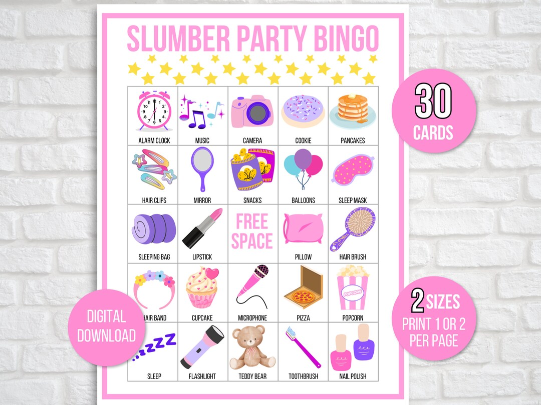 Slumber Party Bingo, Pajama Party Bingo, Sleepover Bingo, 30 Slumber ...