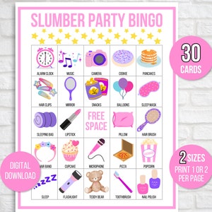 Slumber Party Bingo, Pajama Party Bingo, Sleepover Bingo, 30 Slumber ...