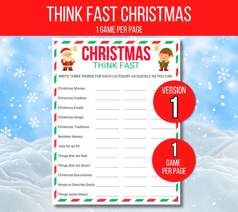 Think Fast Christmas Game, Fun Christmas Game, Printable Christmas Game ...