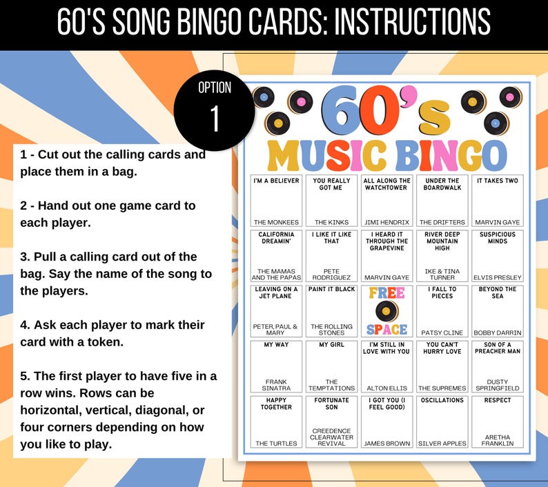60s Bingo, 60s Song Bingo, 60s Music Bingo, 60s Retro Bingo, 50 ...