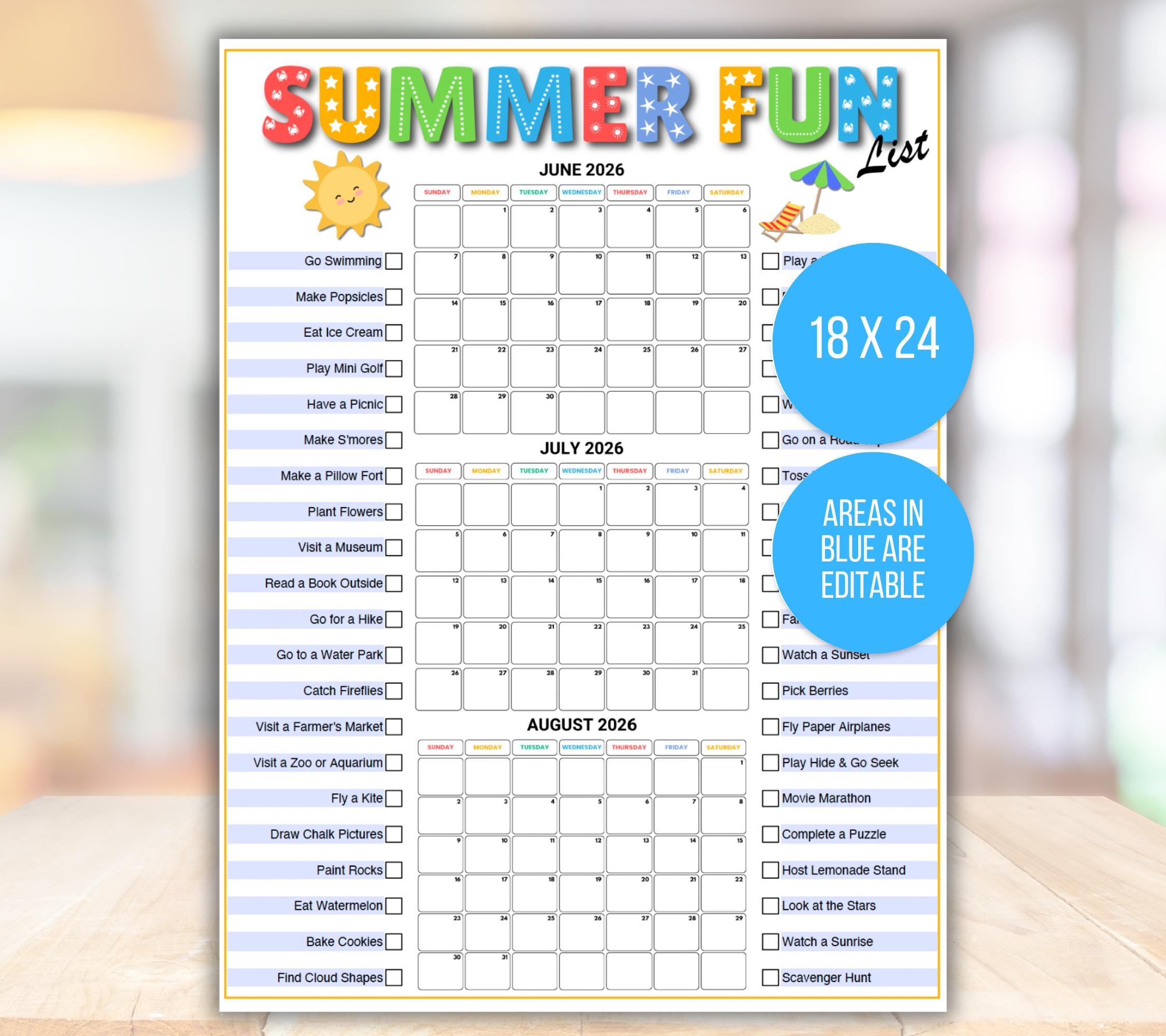 Editable Summer Calendar Poster, Summer Bucket List, Summer Checklist ...