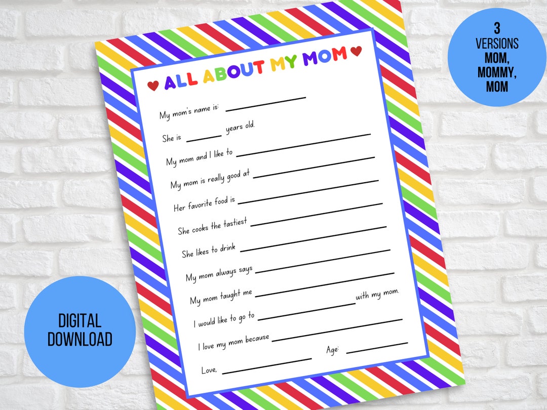 All About My Mom Fill in the Blanks Questionnaire, Mother's Day Craft ...