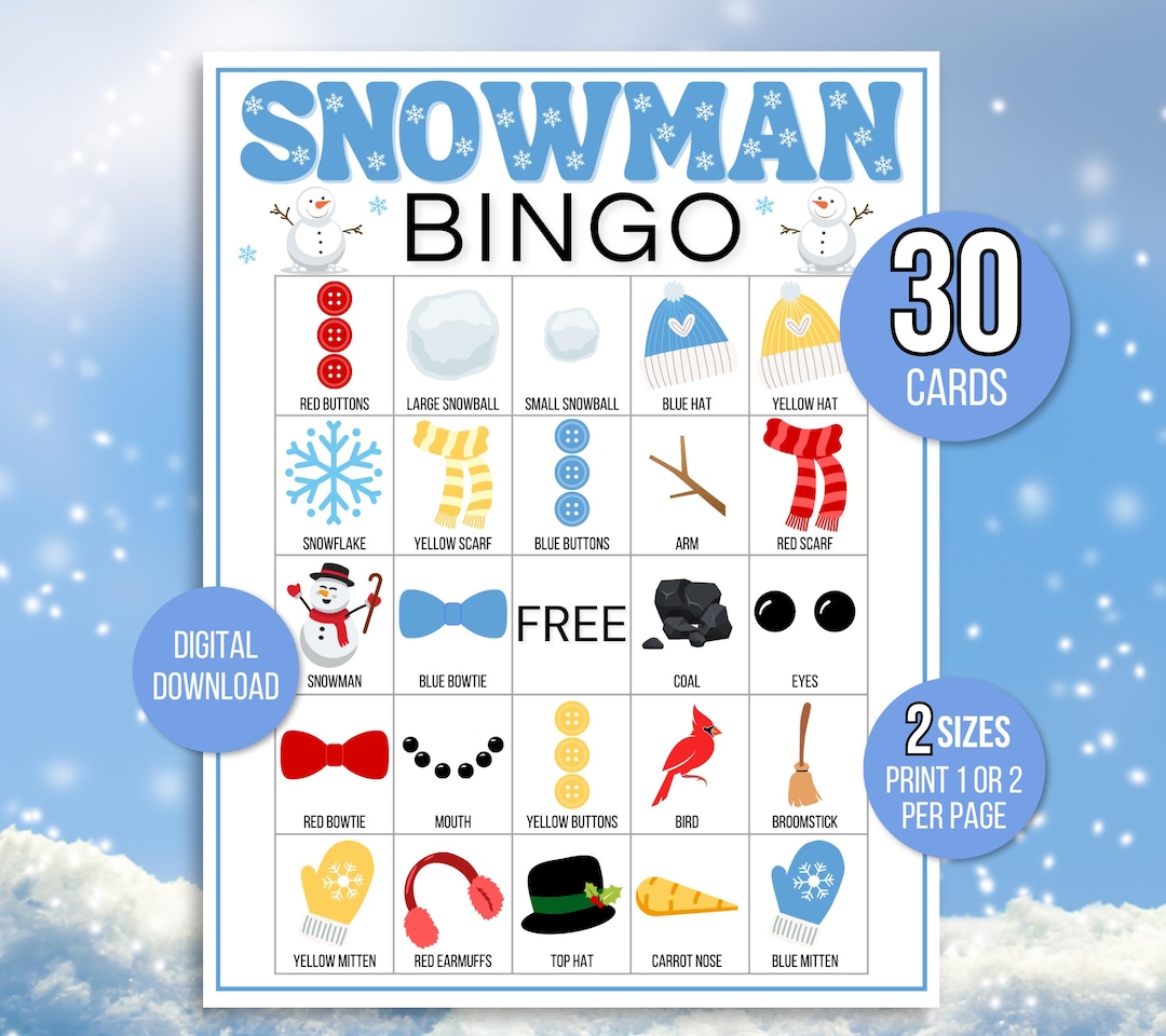 Snowman Bingo, Winter Bingo, 30 Printable Snowman Bingo Cards, Winter ...
