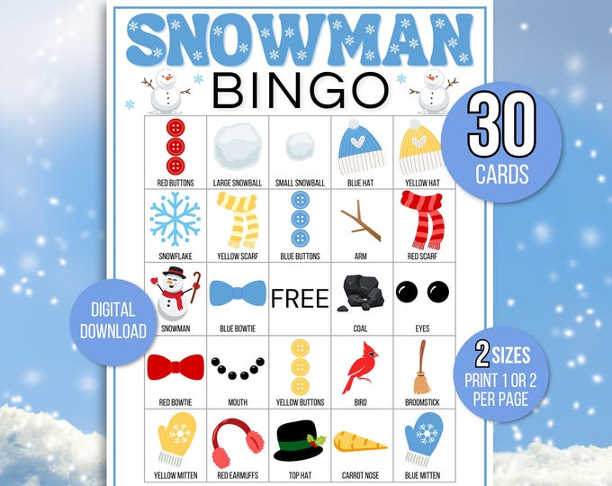 Snowman Bingo, Winter Bingo, 30 Printable Snowman Bingo Cards, Winter ...