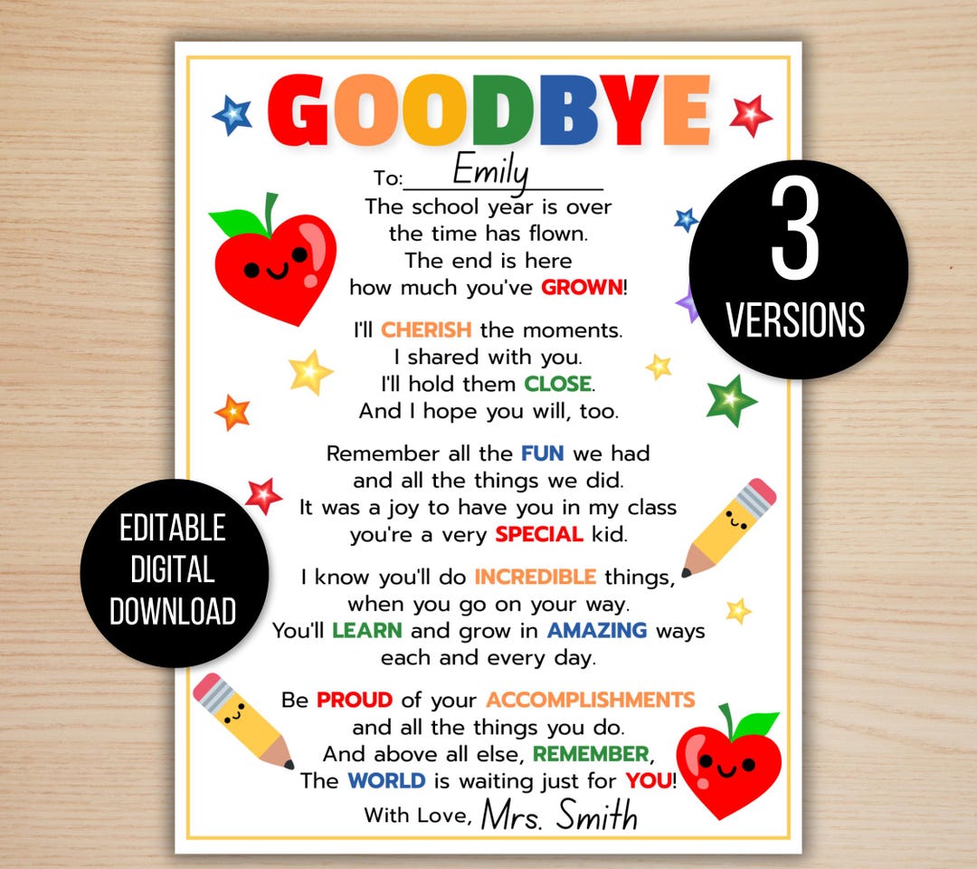 End of School Year Letter for Students, Gift From Teacher, Last Day of ...