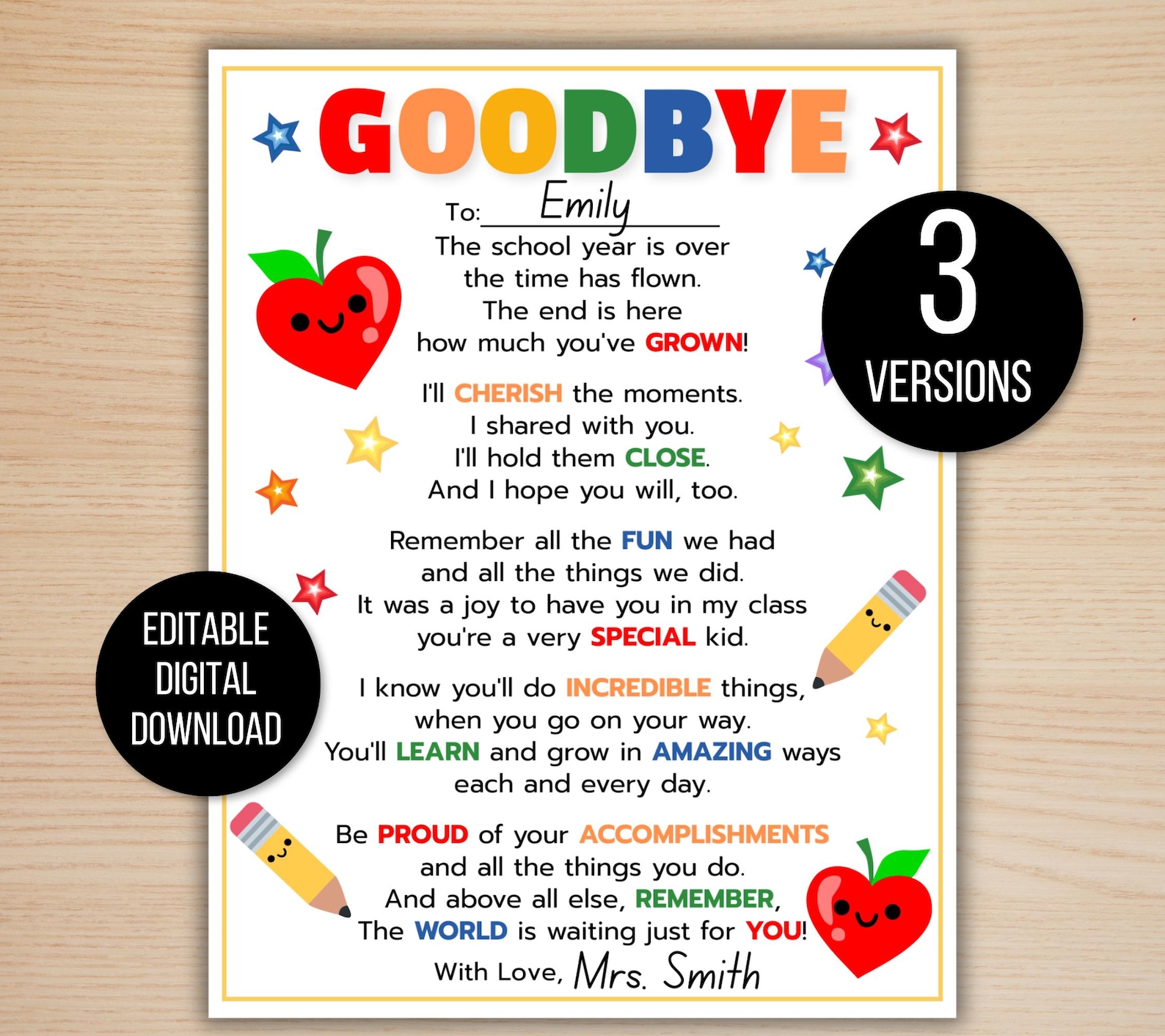 End of School Year Letter for Students, Gift From Teacher, Last Day of ...