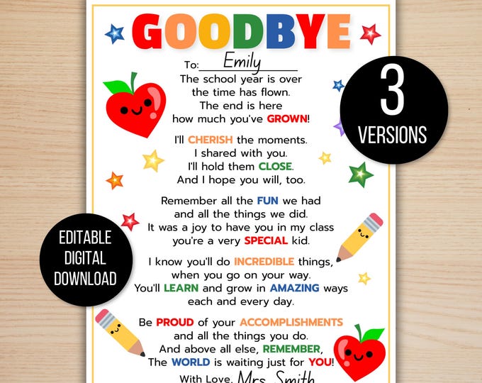 Printable End of School Year Letter for Students, Poem Gift From ...