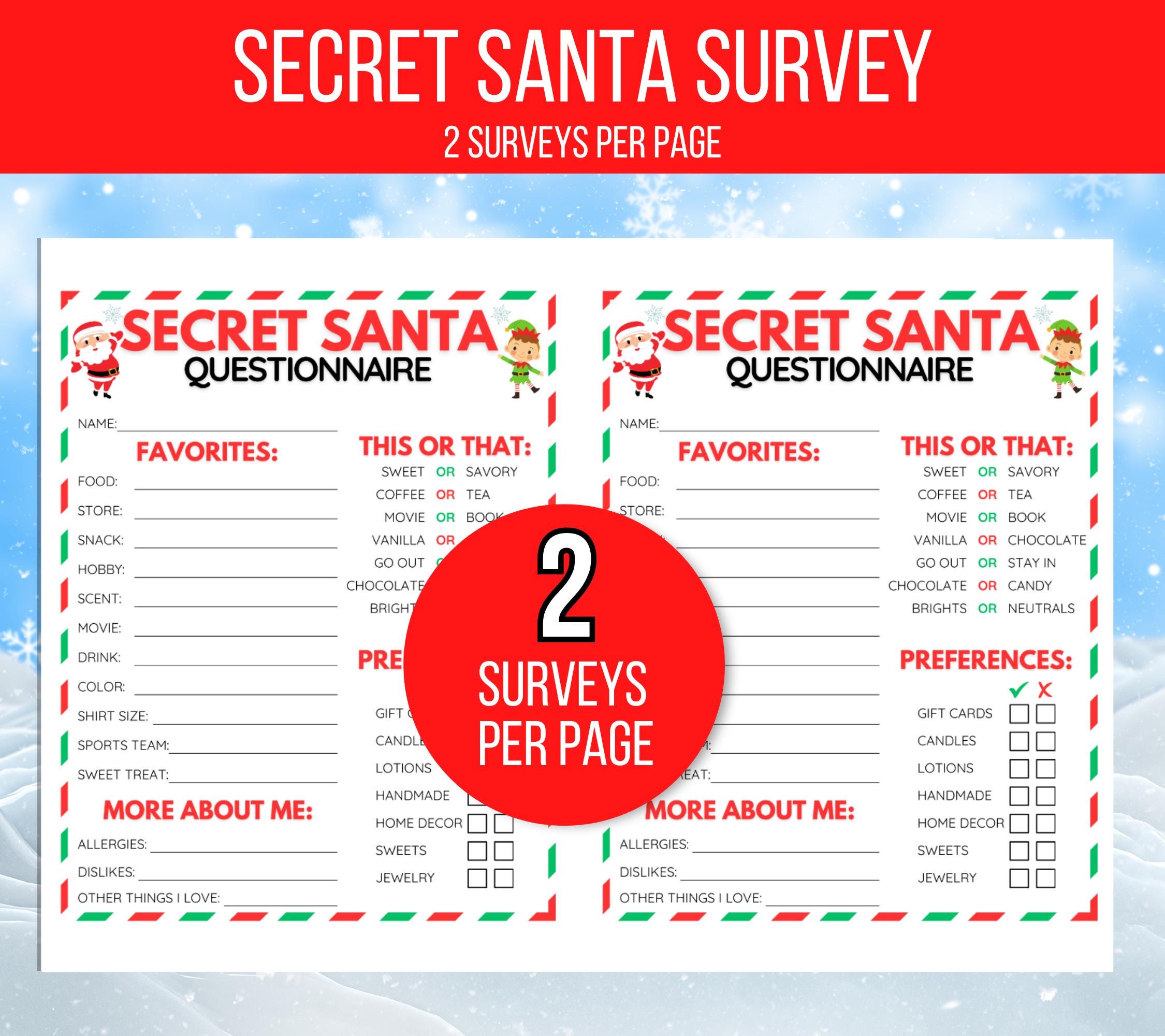 Secret Santa Questionnaire, Printable Secret Santa Questions, Gift ...