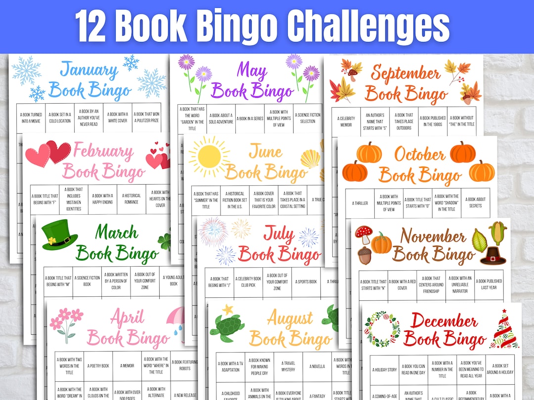 Book Bingo, 12 Monthly Book Bingo Challenges, Book Bingo for Adults ...
