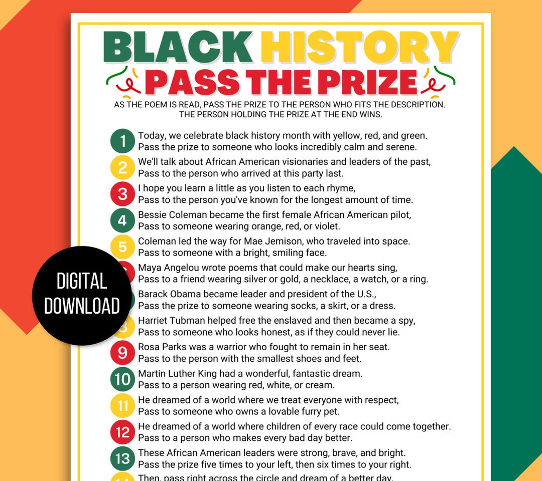 Black History Pass the Prize, Black History Games, Black History Pass ...