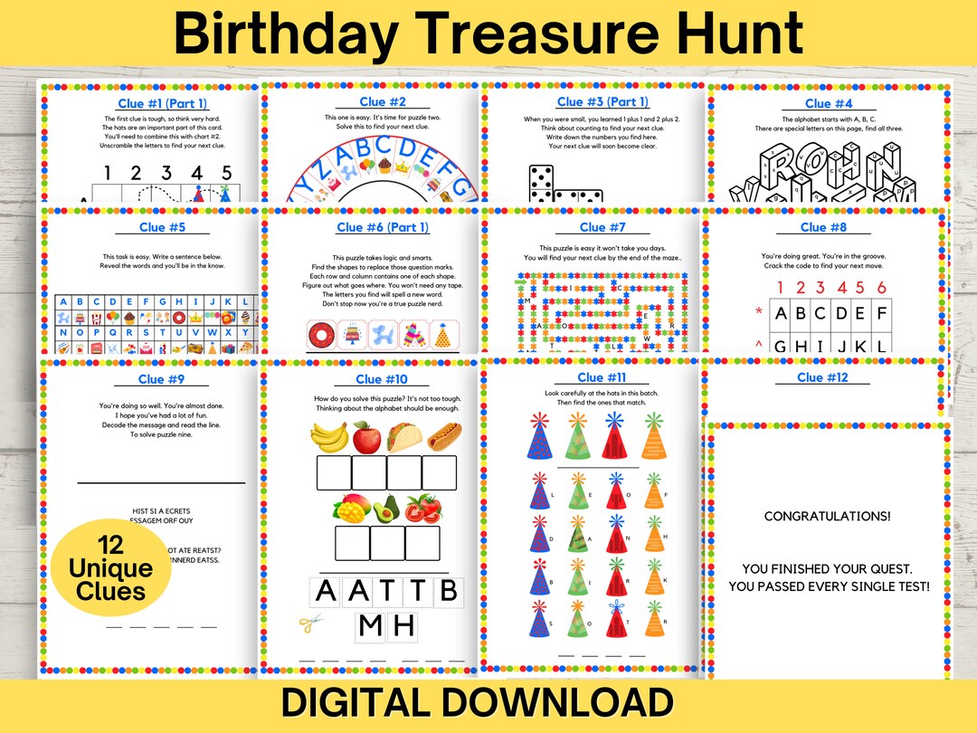 Indoor Birthday Treasure Hunt for Older Kids, Birthday Scavenger Hunt ...