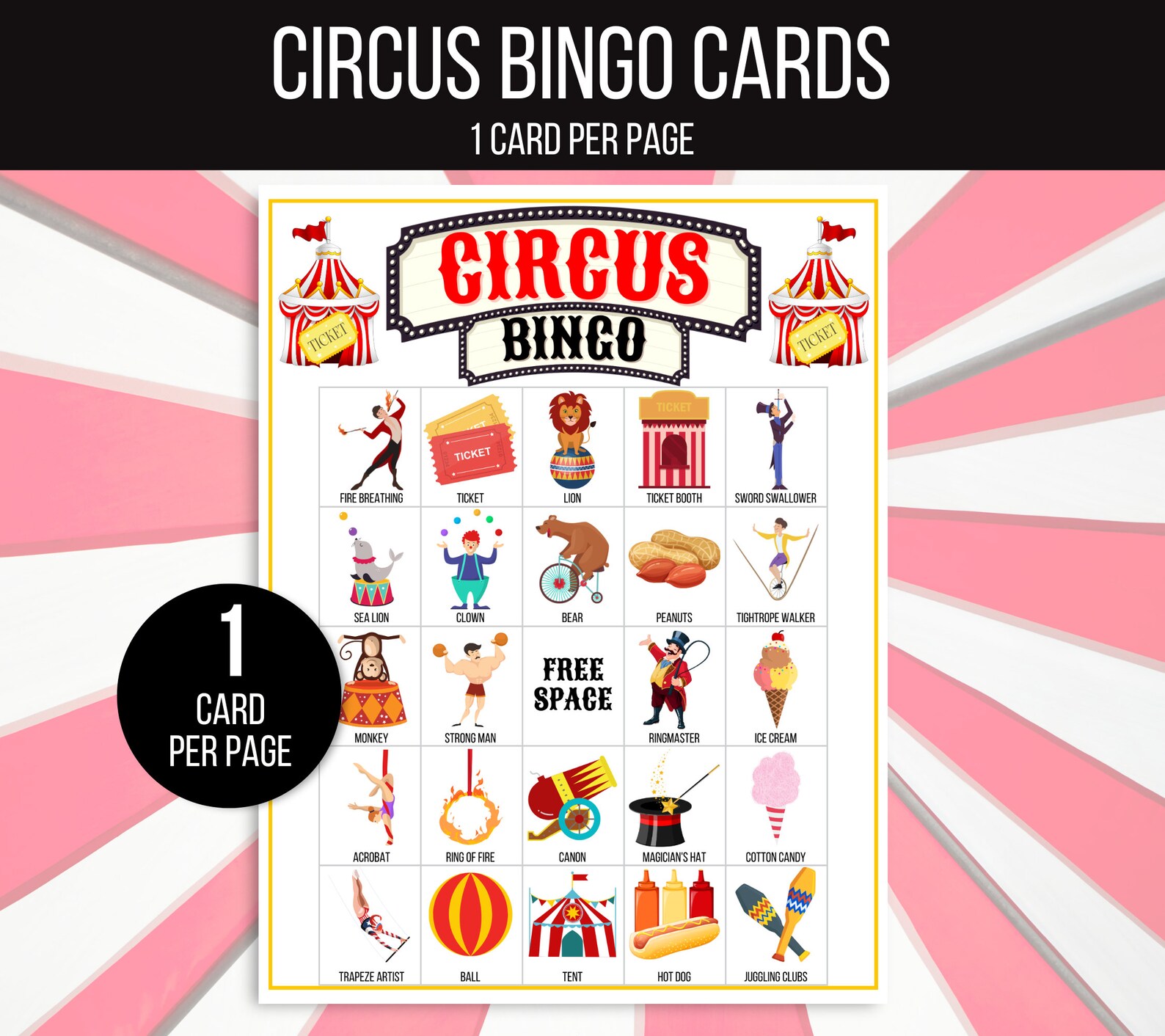 Circus Bingo, 30 Printable Circus Bingo Cards, Circus Party Game ...