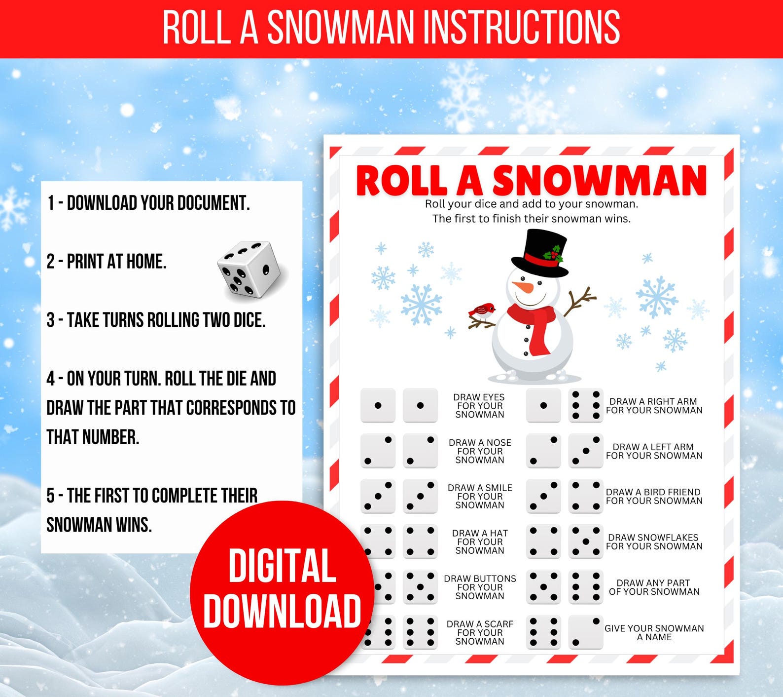 Roll a Snowman Printable, Roll a Christmas Tree, Roll a Dice Bundle ...