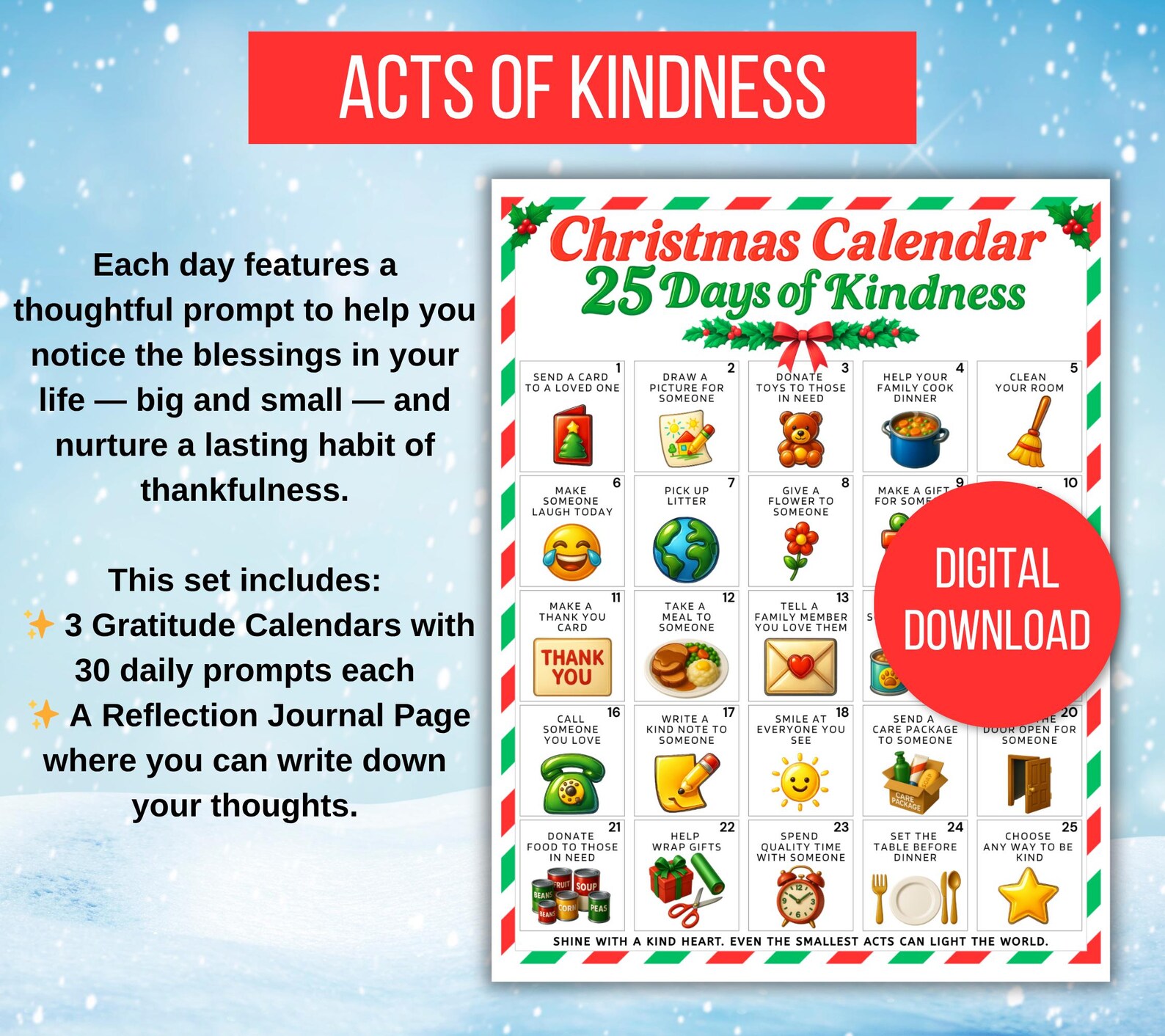 25 Days of Kindness Calendar, Christmas Acts of Kindness Calendar ...