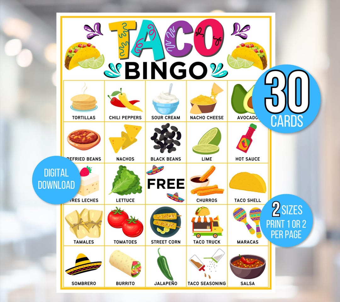 Taco Bingo, 30 Printable Taco Bingo Cards, Taco Activity for Kids, Taco ...