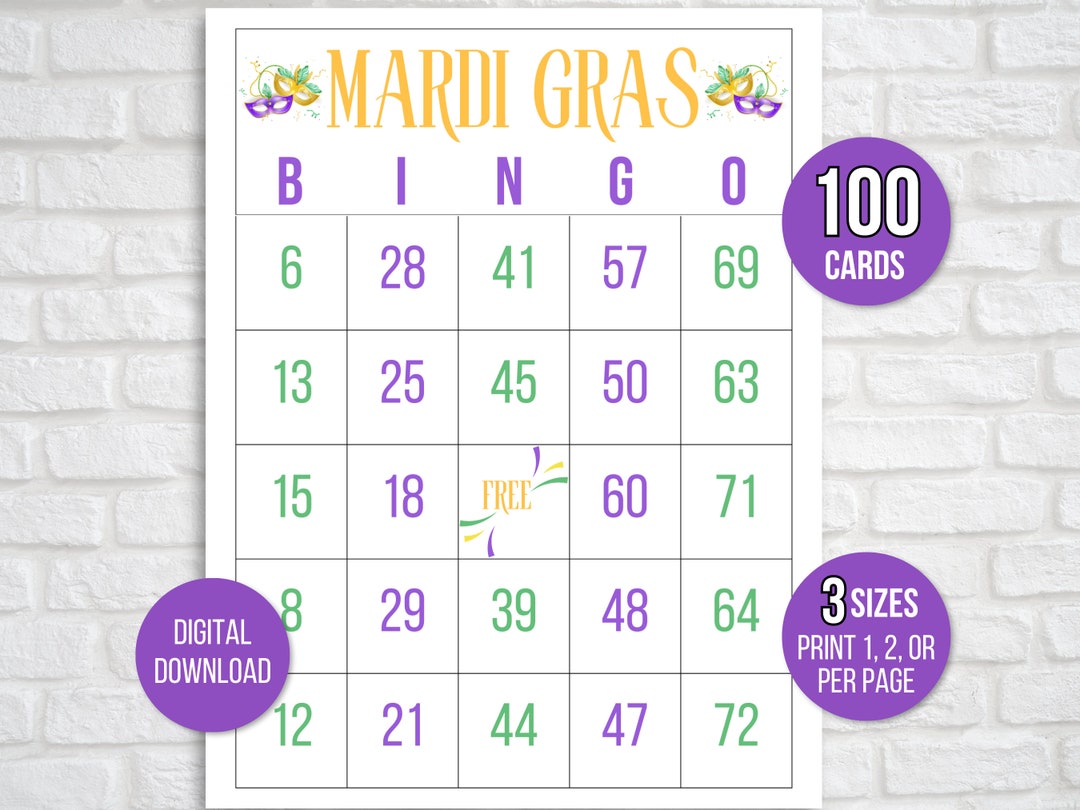 Mardi Gras Bingo, 100 Mardi Gras Bingo Cards, 1, 2, or 4 per Page ...