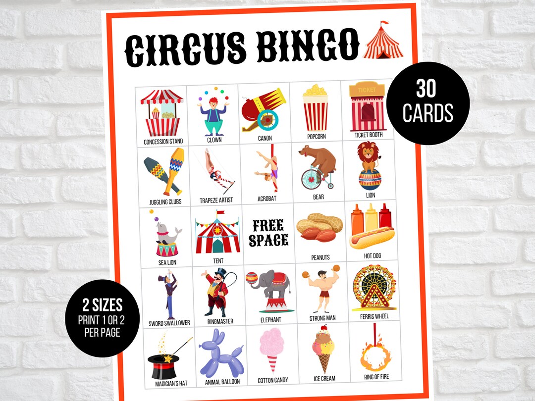 Circus Bingo, 30 Printable Circus Bingo Cards, Circus Party Game ...