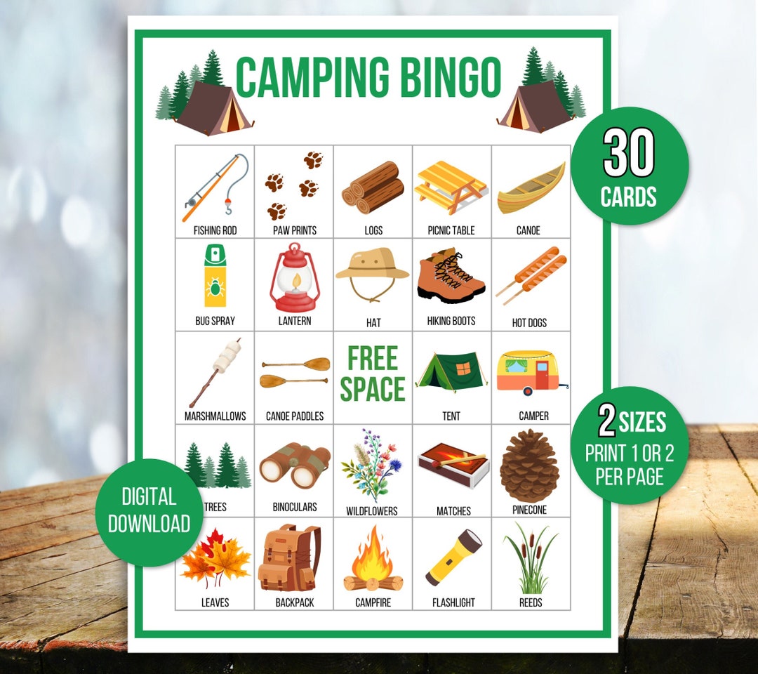 Camping Bingo, 30 Printable Camping Bingo Cards, Camping Game, Camping ...